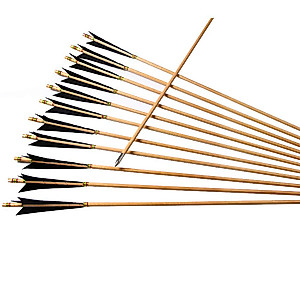 PG1ARCHERY Archery Wooden English Longbow Arrows Practice Targeting Arrow 5.8" Turkey Feathers Fletching with Bullet Points for Recurve & Traditional Bow Black, 12 Pack