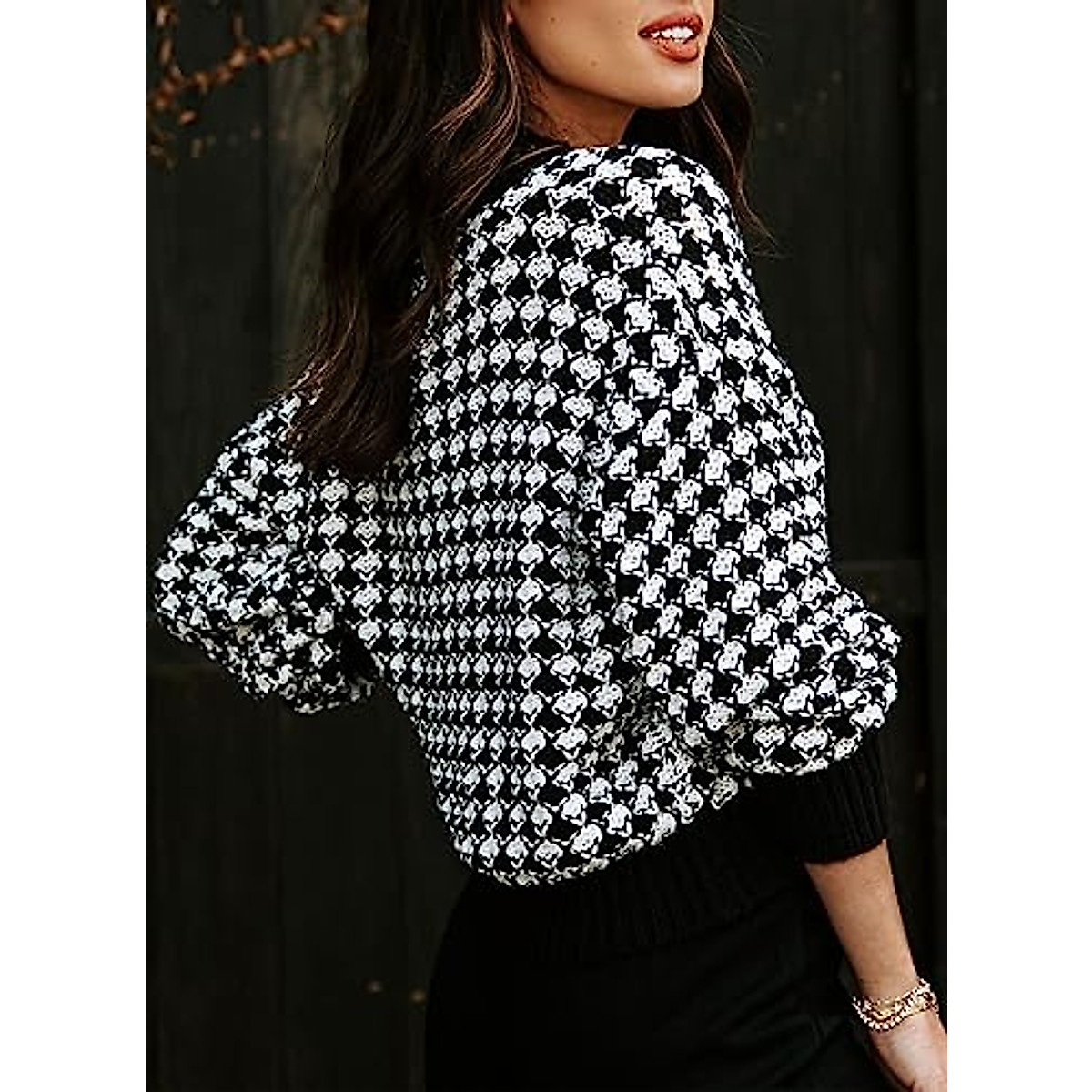 Dokotoo Womens Cardigan Sweaters Color Block V Neck Pearl Button Down Long Sleeve Plaid Cardigans Coats Casual Cable Knit Ribbed Fall Winter Ladies Loose Fit Jackets Outerwear Black XL