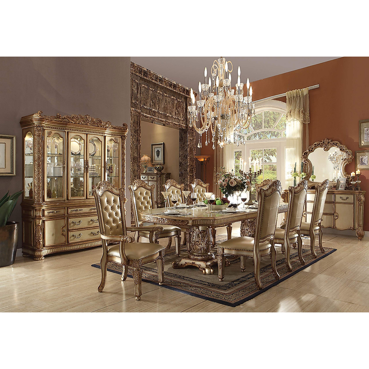Generic 10PS Formal Dining Room Set Kitchen Furniture Include 1 Dining Table, 6 Side Chairs, 2 Arm Chairs and 1 Buffet & Hutch, 8-Person Solid Wood Extendable Dining Set (Gold Patina), DAE0200