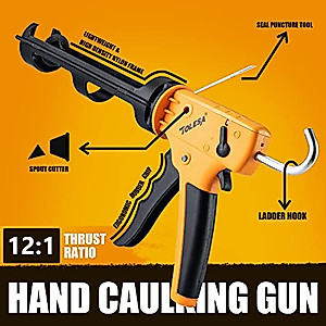 TOLESA Anti-Drip Hand Caulking Gun High Thrust Ratio 12:1 with No Dripping Control for Kitchen Bathroom Window Easy Caulk Gun Non Drip 10oz (310ml) Silicone Caulking Tools Kit with Caulk Removal Tool