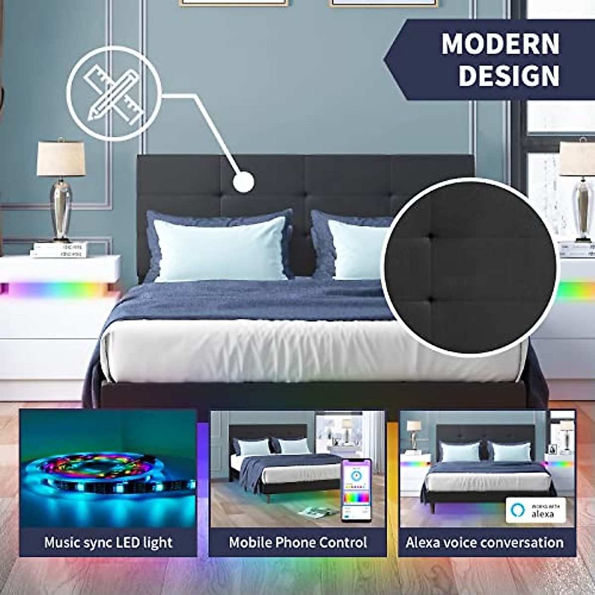 ZAFLY Platform LED Bed Frame Queen Size,Upholstered Queen Bed Frame with Adjustable Headboard,Queen Size Bed with RGB LED Strip Light,Wooden Slats Support,No Box Spring Needed,Easy Assembly,Black