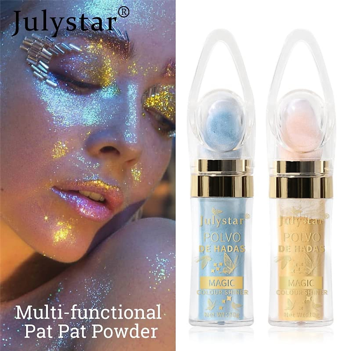 Polvo De Hadas Makeup Powder, Highlighter Powder Stick Body Shimmer Patting Powder Glitter High Gloss Sparkle Loose Brighten Face Body Lips Eyes Glow Cosmetic White Moonbeam (6 Colors Set)