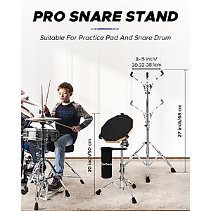 Starfavor Drum Practice Pad with Snare Drum Stand Set, 12-Inch Double Sided Silent Practice Pad Kit with Drum Sticks, Drumstick Holder, Luminous Carrying Bag, Black (Fits 8''-15'' Drums)