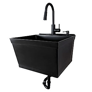 JS Jackson Supplies Tehila Black Wall-Mounted Utility Sink Tub Kit with Black Pull-Down Faucet, Wall-Mounted Utility Tub with Wall Bracket for Laundry Room, Garage, Workshop