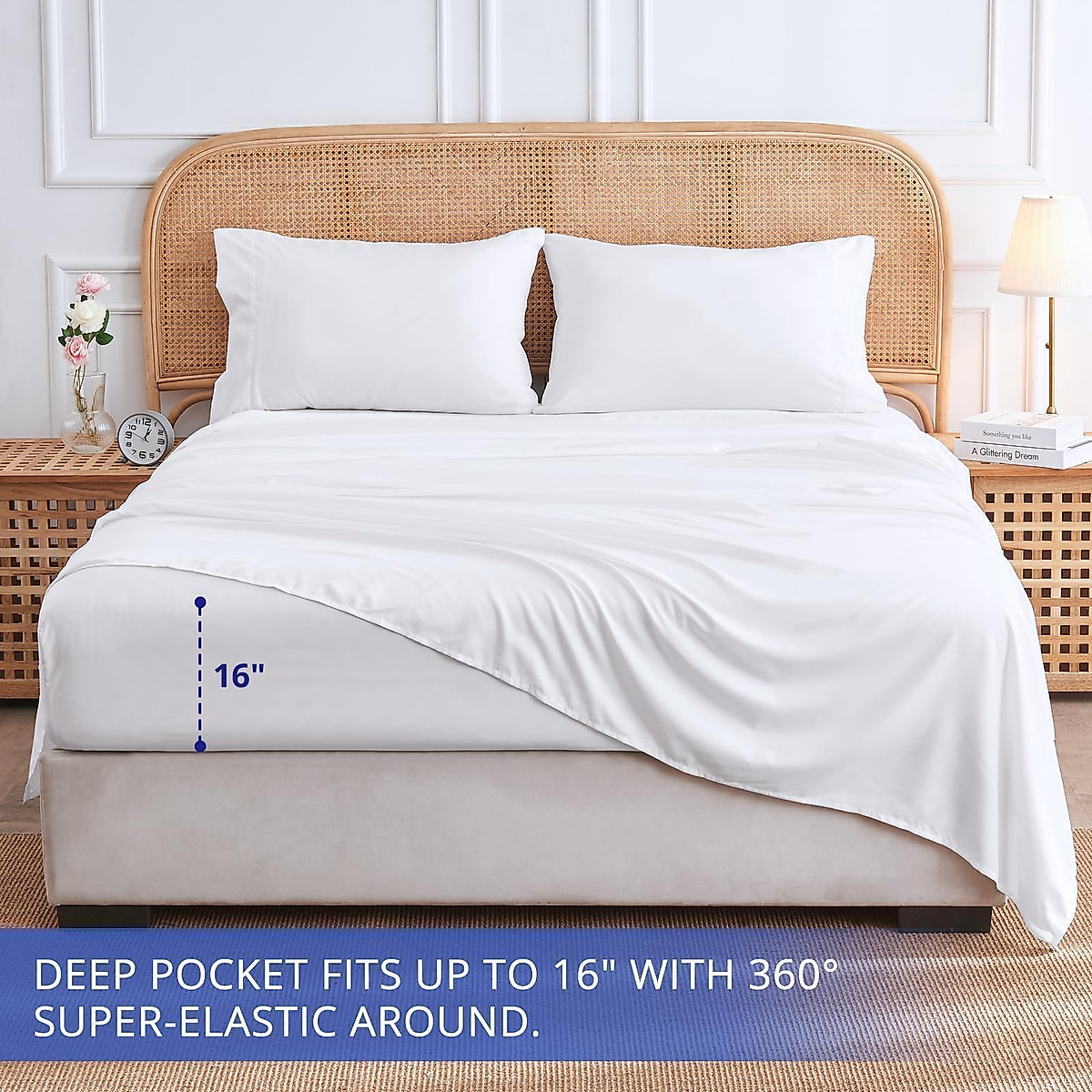 HUXMEYSON Queen Sheet Set, 4-Piece Hotel Luxury Bed Sheets & Pillowcases, Ultra Soft & Breathable Sheets, Deep Pockets 16" Wrinkle Proof Bedding Sheets, Anti-fading, Machine Washable, White