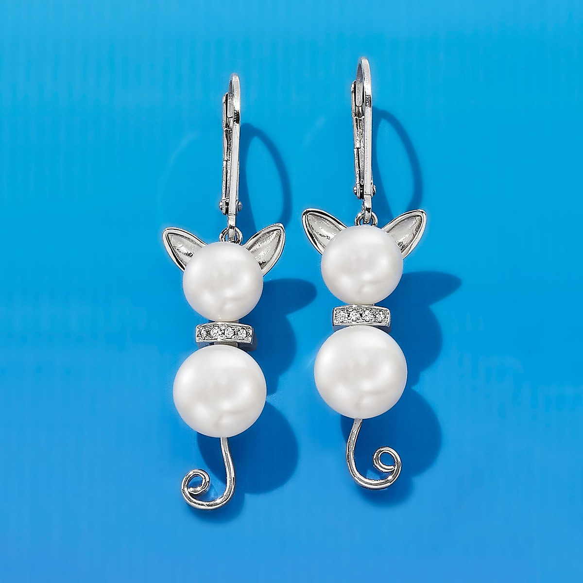 Ross-Simons 7.5-9mm Cultured Pearl and Diamond-Accented Cat Drop Earrings in Sterling Silver