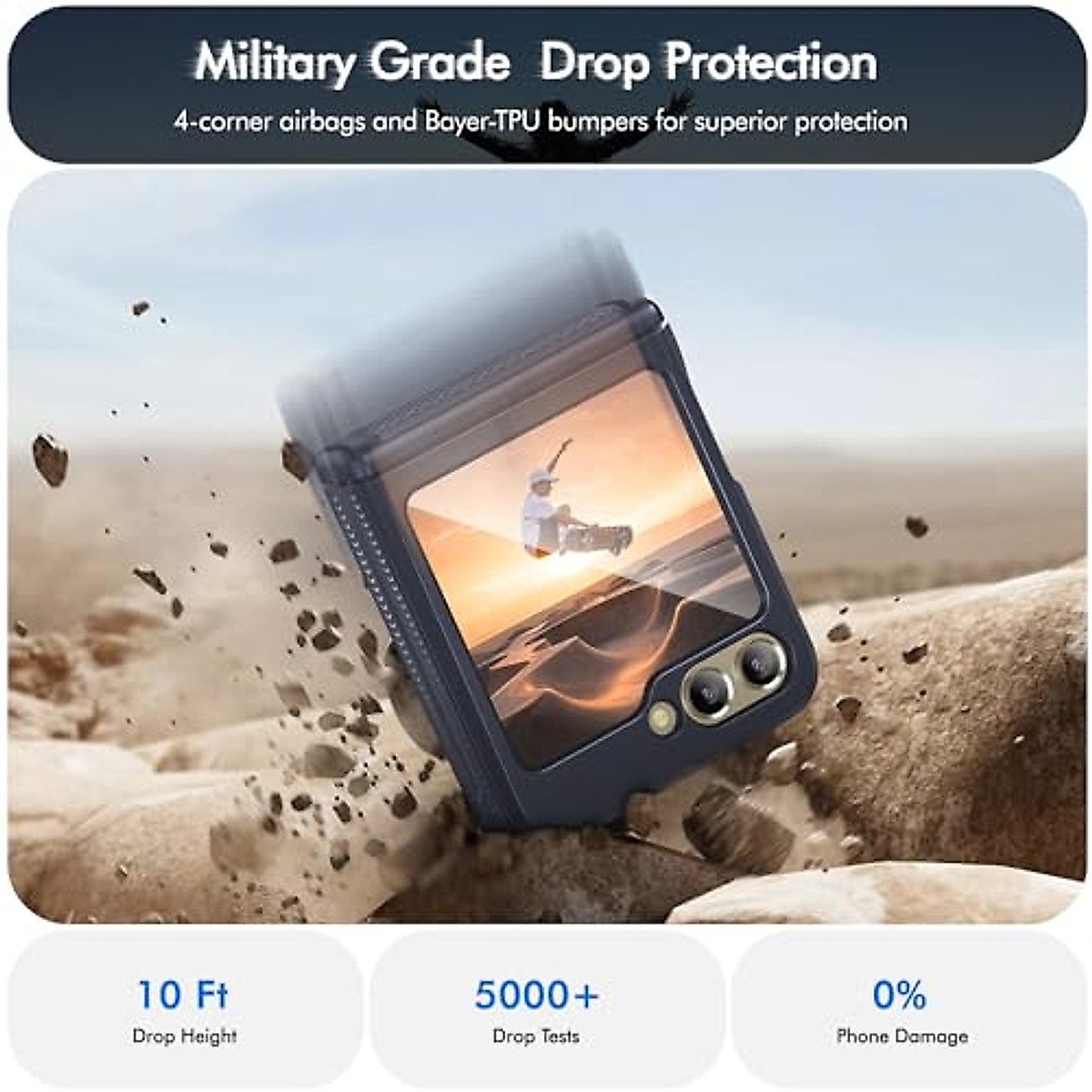 NAZRIO Case Compatible with Samsung Galaxy Z Flip 5 Case with [Hinge Protection & Built-in Back Screen Protector], Slim & Drop-Proof Clear Cover for Samsung Flip 5 5G (2023)-Navy Blue