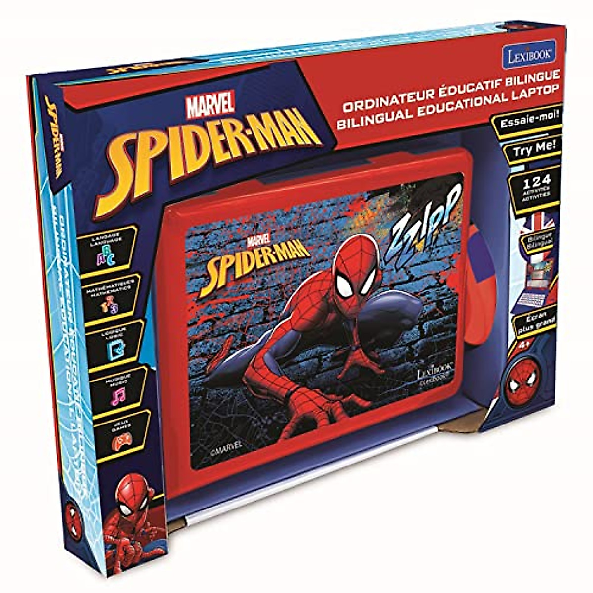 LEXiBOOK Disney Marvel Spider-Man - Educational and Bilingual Laptop French/English - Toy for Child Kid (Boys & Girls) 124 Activities, Learn Play Games and Music- Blue/Red, JC598SPi1
