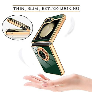 Dinick Compatible for Samsung Galaxy Z Flip 5 Case with Ring Holder Kickstand [with Magnetic] Soft TPU Shockproof Electroplated Protective Phone Case for Galaxy Z Flip 5 Green