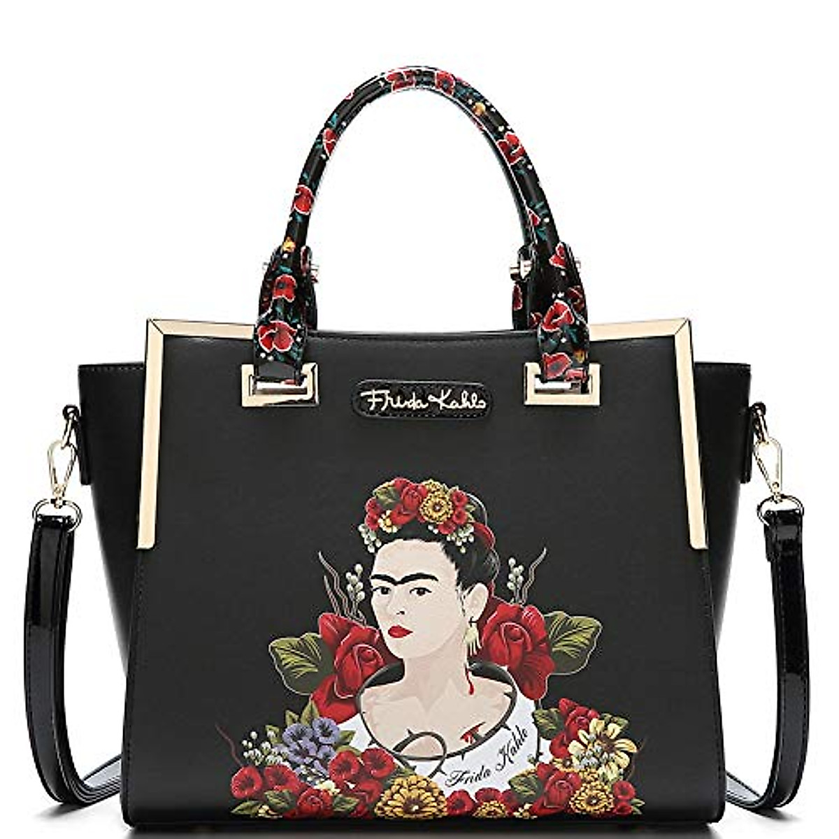 Authentic Frida Kahlo Flower Theme Hardware 2 Way Wing Satchel Handbag Purse (Black Trim)