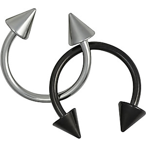 Forbidden Body Jewelry 16g Septum Rings Set of 2: 16 Gauge 10mm Surgical Steel Spike Horseshoe Rings, Black & Steel