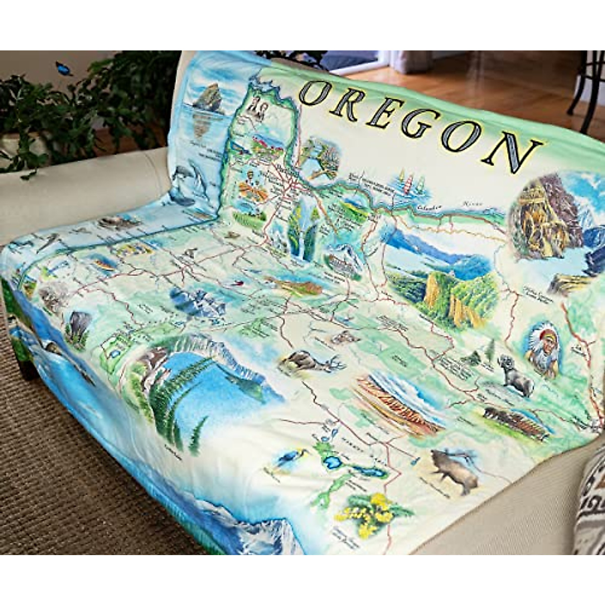 Oregon State Map Fleece Blanket - Hand-Drawn Original Art - Soft, Cozy, and Warm Throw Blanket for Couch - Unique Gift - 58"x 50"