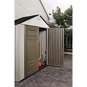 Rubbermaid Resin Outdoor Storage Shed With Floor (7 x 3.5 Ft.), Weather Resistant, Brown/Grey, Organization for Home/Lawn Mower/Backyard Equipment/Bike Storage/Pool Supplies