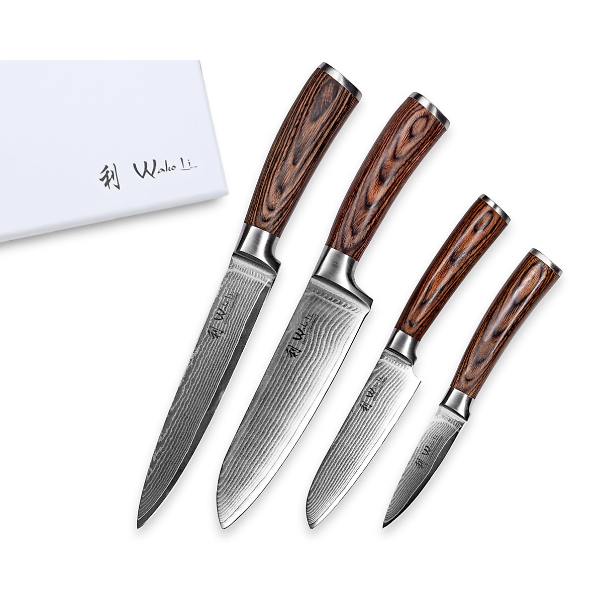 Wakoli EDIB 4-pcs Damascus Knife Set I Professional Kitchen Knives made of Japanese Damascus Steel VG10 Chef Knife Set with Pakka Wood Handle in Gift Box