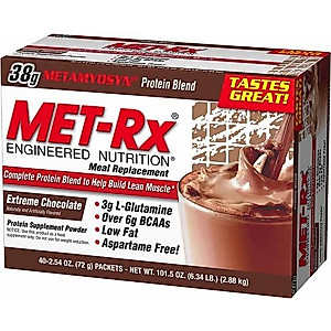 MET-Rx Meal Replacement Powder Boxed, Extreme Chocolate, 2.54 Oz, Pack of 40