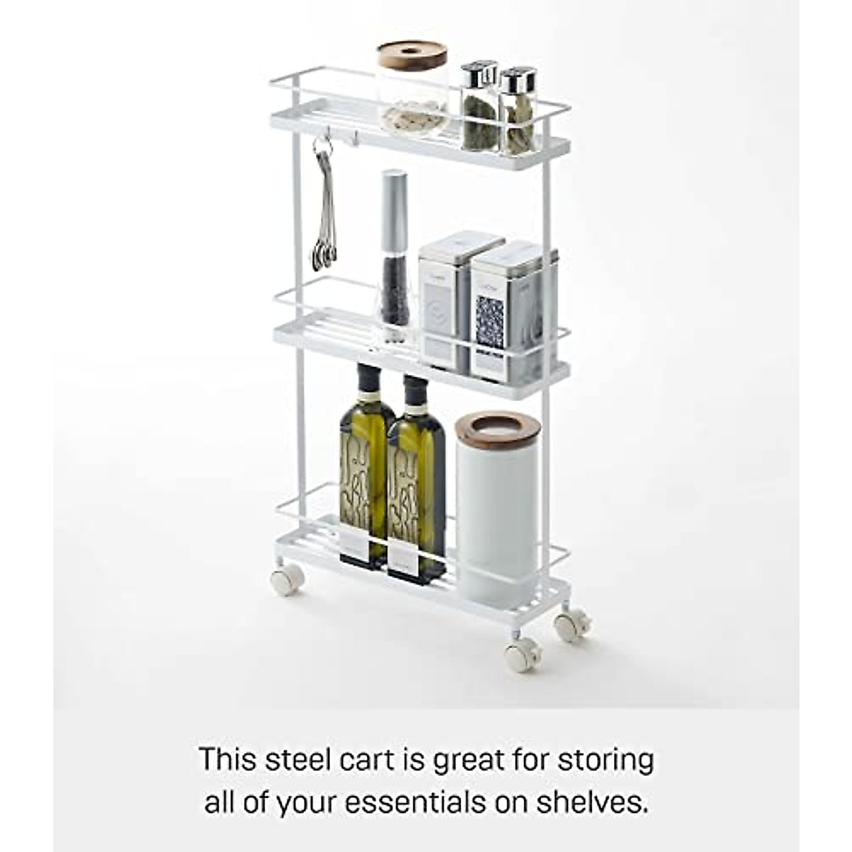Yamazaki Home Rolling Kitchen Island Three Tier Metal Storage Cart - Portable Organizer Shelves Utility Cart Steel One Size White