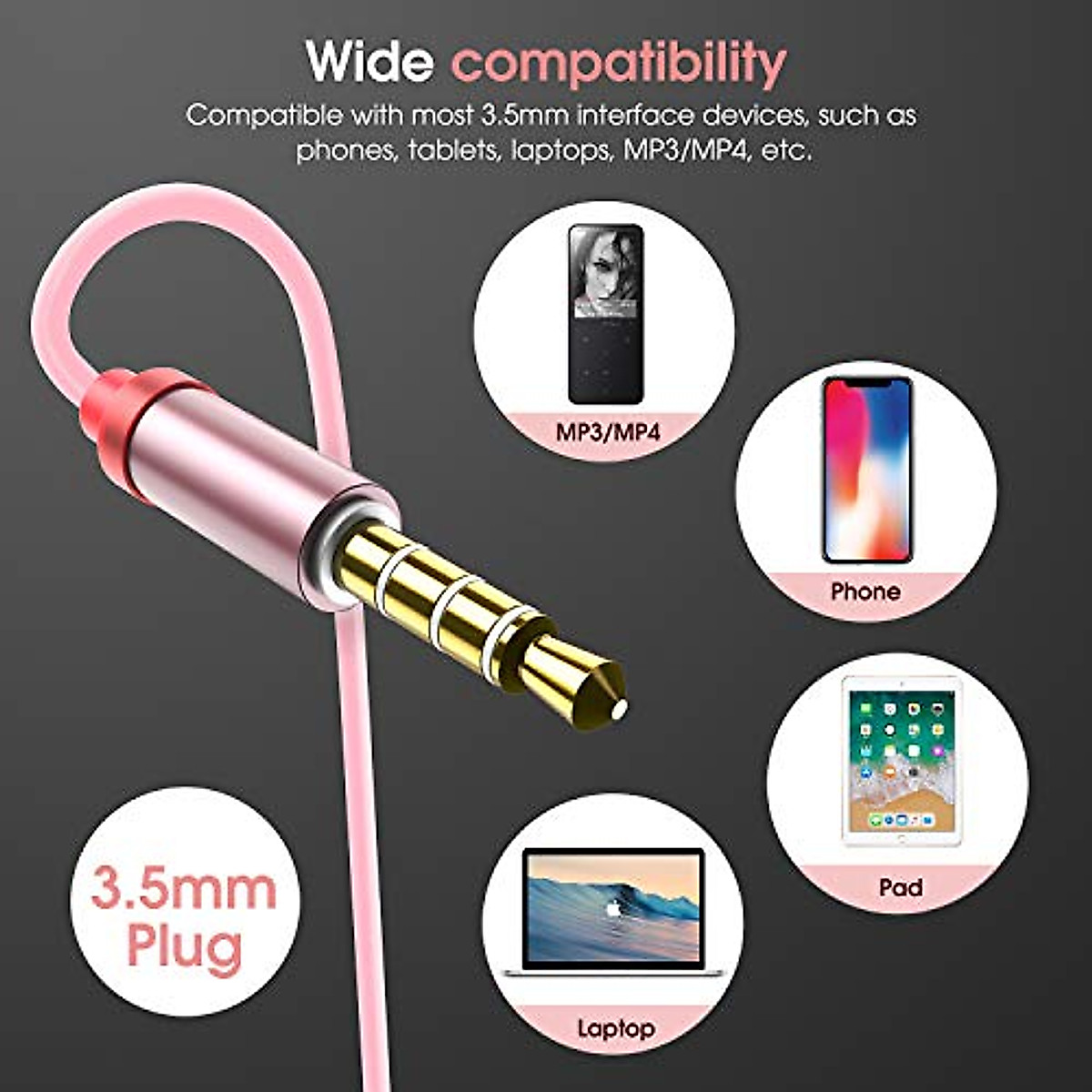 JAAMIRA Sports Wired Earbuds in-Ear Earphones with Microphone &Volume Control -Bass &Noise Isolation Over Ear Headphones with 3.5mm Jack -for Android Phone iPhone Computer Gaming Workout IPX4 Pink