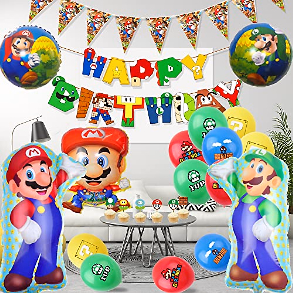 Su-perr M-arioo Birthday Party Supplies,44pcs Su-perr M-arioo Party Decorations Set-Su-perr M-arioo Bros Balloons,M-arioo Balloons Banner etc Su-perr M-arioo Theme Birthday Party Supplies for Boy Kids