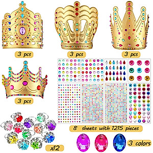12 Pieces Foam Princess Tiaras Crown 928 Pieces Gem Stickers 12 Gem Rings Craft Making Kits Birthday Party Favors