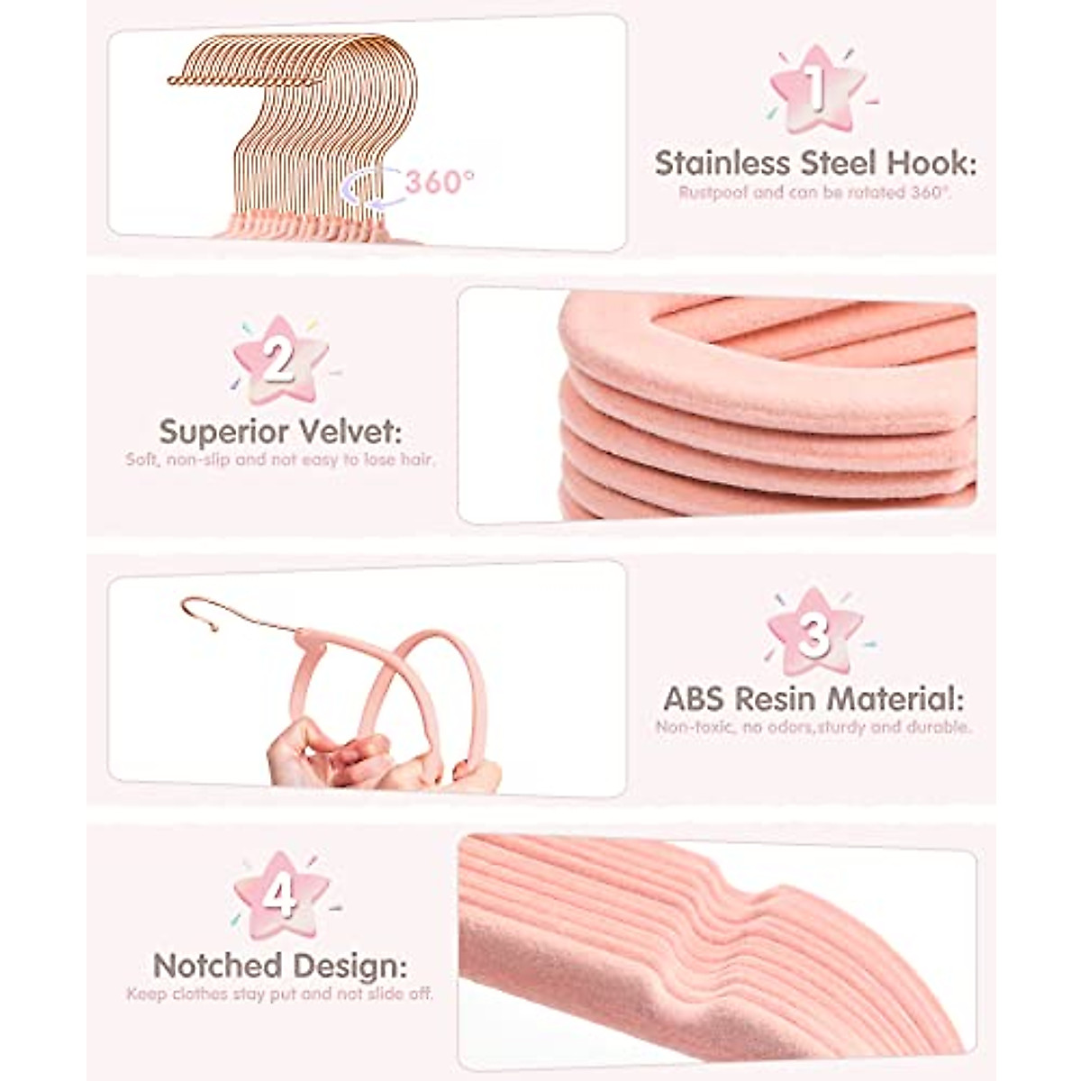 Kids Velvet Hangers, VIS'V 11 Inch Pink Non-Slip Baby Clothes Hangers with 6 Pcs Cute Clothing Dividers for Infant Toddler Boys & Girls Closet Organizer - 30 Pack