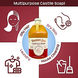 Vermont Castile Soap Patchouli Rose, Gentle Liquid Soap for Sensitive Skin & Natural Body Wash, Organic Hair Shampoo for Oily Hair, Aloe Castile Soap for Men & Women - 64 Oz