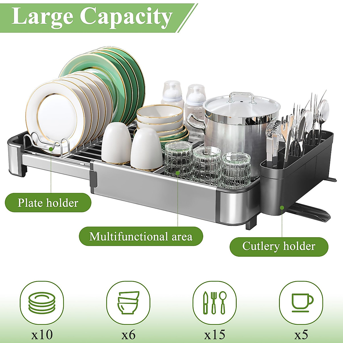 Dish Drying Rack, Kitchen Counter Dish Drainer Rack Auto-Drain, Expandable (14.8 to 22.2 inch) Rustproof Aluminium Large Sink Dish Strainer with Dish Drying Mat and Utensil Holder, Silver