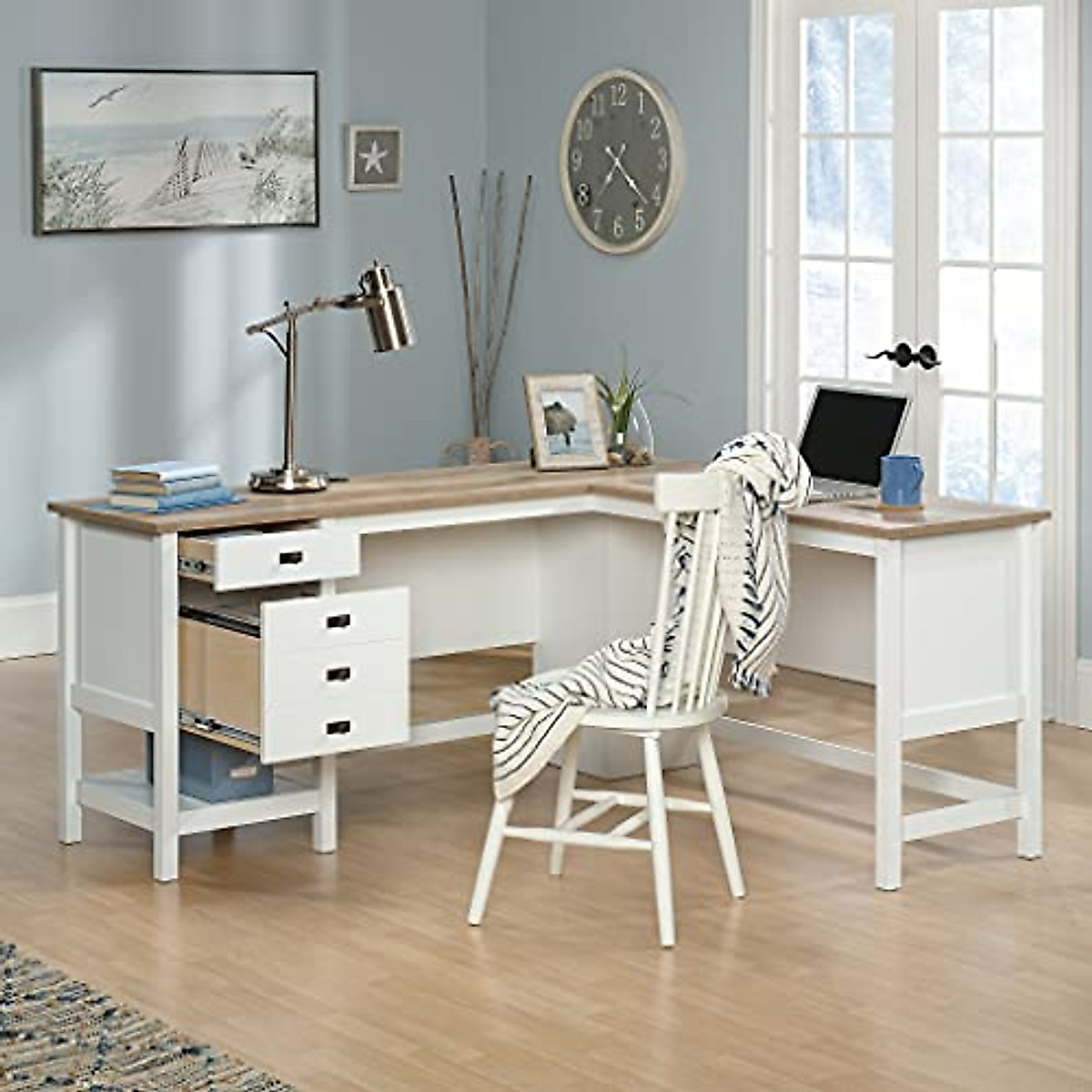 Sauder Cottage Road L-Desk, L: 65.11" x W: 58.66" x H: 29.76", Soft White Finish