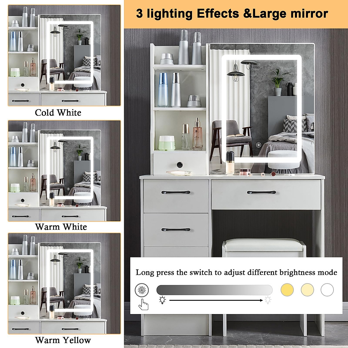 Kkonetoy White Vanity Desk with Lights, Makeup Desk Vanity Set with Sliding Mirror and 5 Drawers, Modern Makeup Vanity Dressing Table with Cushioned Stool for Girls Bedroom Dresser, 30560704LED