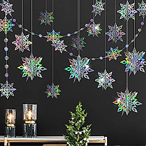 3D Iridescent Snowflake Decorations Holographic Snow Flakes Garland Winter Wonderland Frozen Theme Party Hanging Streamer Backdrop Decor Banner Christmas New Year Baby Shower Birthday Party Supplies