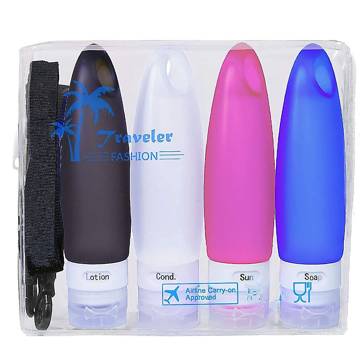 SANTREST Gym Refillable Bottles Leak Proof Camping Travel Containers with Shower Lanyard,3.3oz TSA Approved Squeezable Silicone Travel Tube Set for Gym Shampoo Lotion Soap