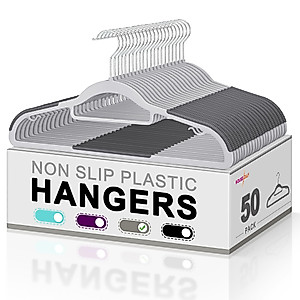 HOUSE DAY Plastic Hangers 50 Pack, Plastic Clothes Hangers Non Slip Hangers, Heavy Duty Plastic Hangers with 360° Swivel Hook, Ultra Thin Hangers Space Saving, Gray Hangers for Closet