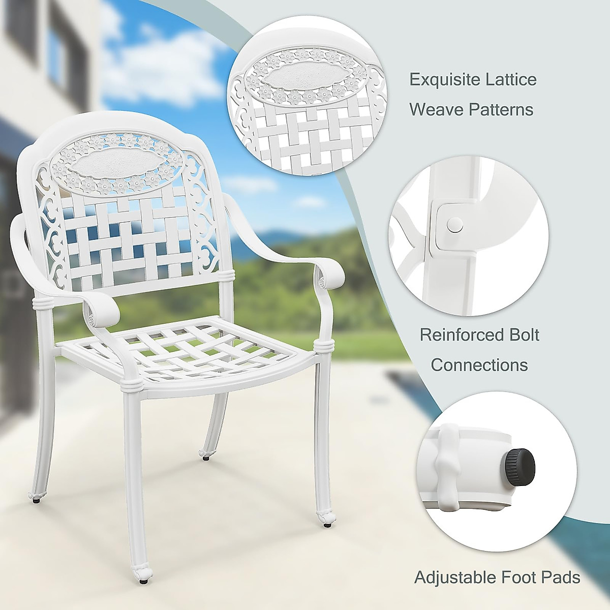 Giantex Stackable Outdoor Chairs Set of 2, All Weather Cast Aluminum Patio Chairs for Lawn Porch Garden Yard, Bistro Dining Chairs with Armrests, Adjustable Foot Pads, Easy Assembly (1, White)