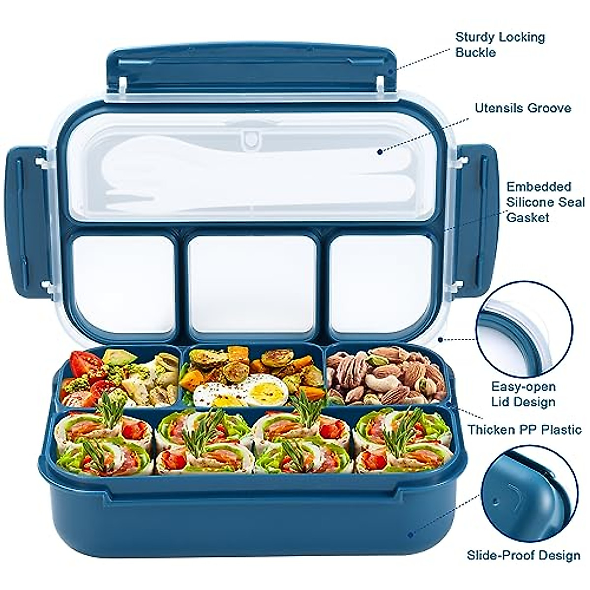 Bento Box Adult Lunch Box, Lunch Containers for Kids Girls Boys with 4 Compartments, Lunchable Food Container with Utensils, Sauce Jar, Muffin Liners, 40 Oz/5 Cup, Microwave & Dishwasher Safe, Blue