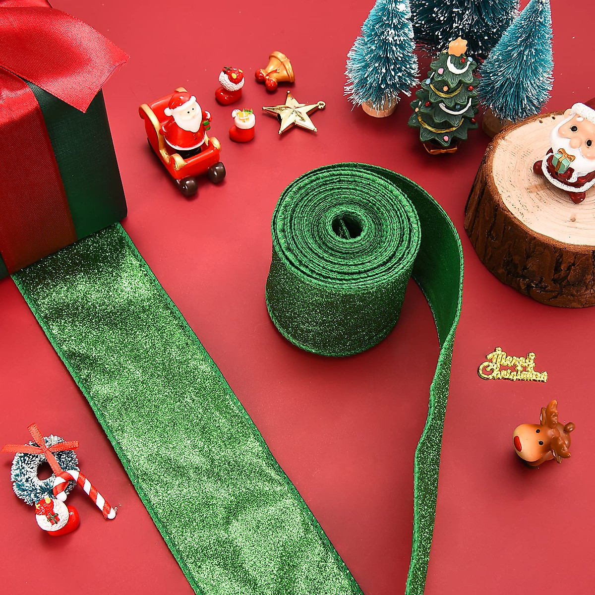 2 Rolls St. Patrick's Day Green Glitter Ribbon for Gift Wrapping, Green Shiny Curling Wired Edge Ribbon for Christmas Tree Wreath DIY Crafts Home Party Holiday Decoration, 2.5" x 10 Yd x 2 / Green