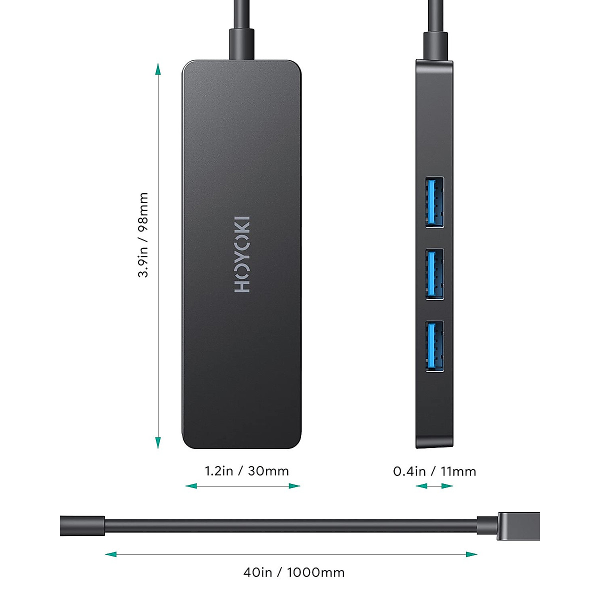 4 Port USB Hub 3.0, HOYOKI USB Splitter for Laptop,Ultra Slim Data USB Hub with 3.3ft Extended Cable, USB Hub Compatible with MacOS/Windows Laptop, PC, PS4, Flash Drive, Mouse, Keyboard, Printer, HDD