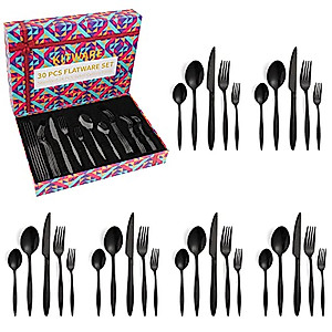 Black Silverware Set, 30 Pieces Stainless Steel Flatware for 6, Family Essential Utensil Tableware, Mirror Polished Cutlery for Home Kitchen, Hotel, Restaurant