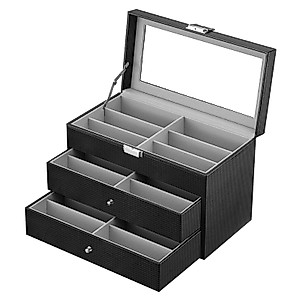 Oyydecor Sunglasses Organizer for Women Men, 3-layer 18 Slots Glasses Case Sunglass Eyeglasses Collector Eyewear Display Storage Box with Drawer Clear Glass Top, Carbon Fiber, Black