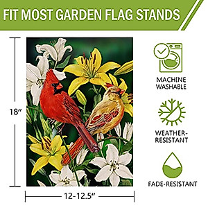 Furiaz Decorative Cardinal Flower Spring Small Garden Flag Double Sided, Red Yellow Birds Home Floral Lily Burlap Outside House Yard Decoration, Summer Green Seasonal Outdoor Décor Flag 12.5 x 18