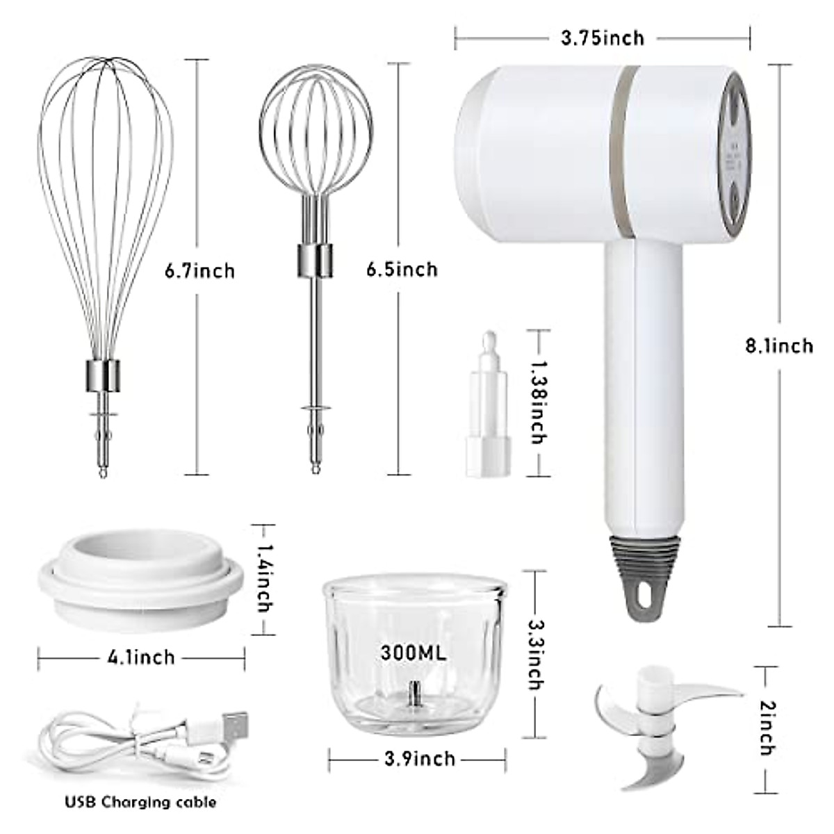 Suteng Electric Garlic Chopper, 3 IN 1 Rechargable Egg Beater Food Processor with 300ML Glass Container, Cordless Electric Blender for Kitchen Cooking Baking - White