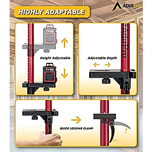 AdirPro Laser Level Pole with Tripod and Mount for Laser Levels, Rotary Lasers & Line Lasers – Telescoping Laser Pole, Mounting Bracket with 1/4”-20 & 5/8-11 Threads, and Adjustable Tripod Stand