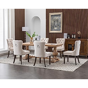 KCC Velvet Dining Chairs Set of 6, Upholstered High-end Tufted Dining Room Chair with Nailhead Back Ring Pull Trim Solid Wood Legs, Nikki Collection Modern Style for Kitchen, Beige
