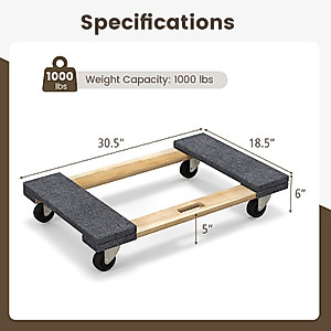 Goplus Furniture Moving Dolly, Heavy Duty Wood Rolling Mover with Wheels for Piano Couch Fridge Heavy Items, Securely Holds 1000 LBS (2 Packs with Handle)