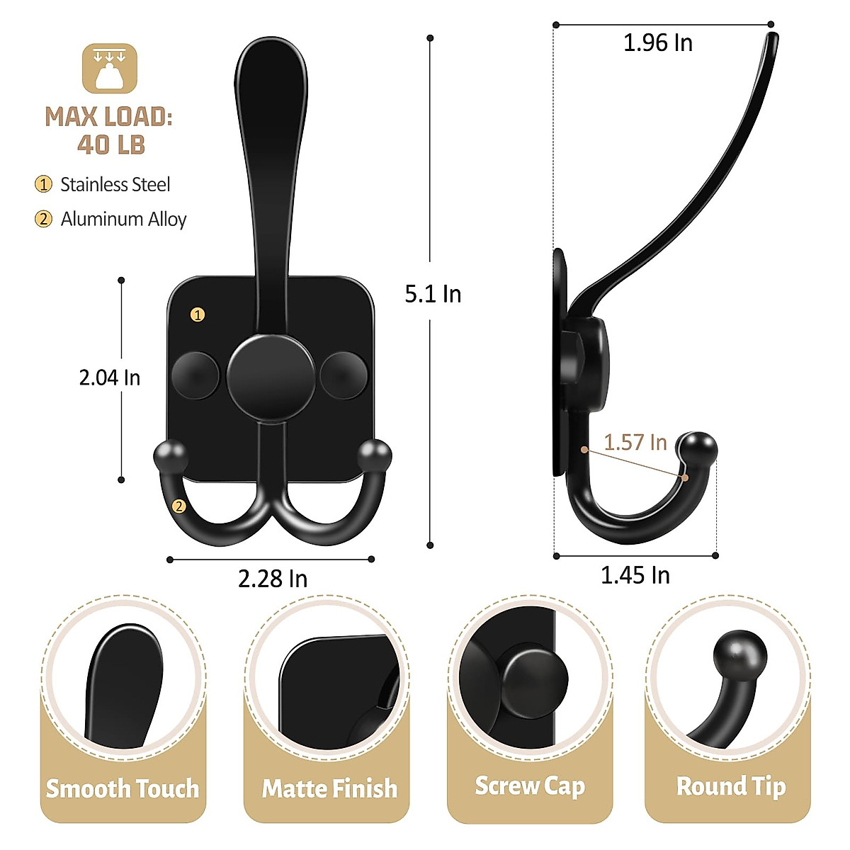 VIS'V Coat Hooks Wall Mount, Black Metal Coat Tri Hooks Heavy Duty Adhesive 3 Prong Coat Hanger Hooks Door Wall Coat Rack Hooks for Livingroom Bathroom Camper 2 Mount Options - 4 Pcs