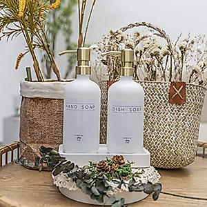 Janxin Glass Soap Dispenser for Kitchen with Stainless Steel Pump and Wood Tray, Modern Bathroom Soap Dispenser with Waterproof Labels for Hand Soap, Dish Soap, Lotion(White Bottles+Gold Pumps)