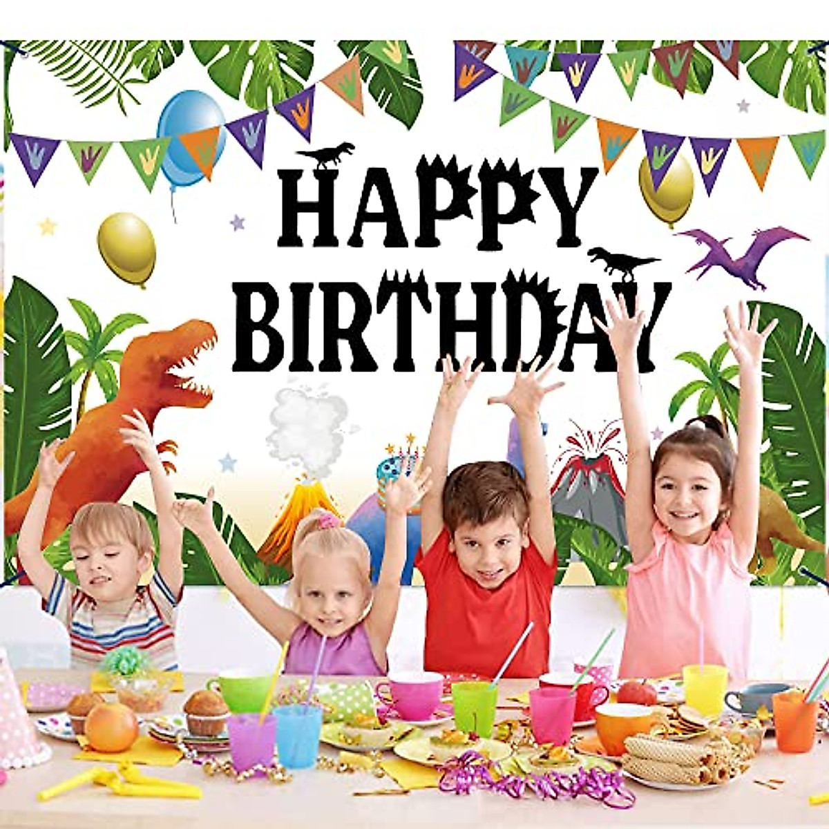 Watercolor Dinosaur Happy Birthday Banner Backdrop, 73'' x 43'' Jungle Theme Dinosaur Birthday Party Decoration Supplies Photography Background for Boys