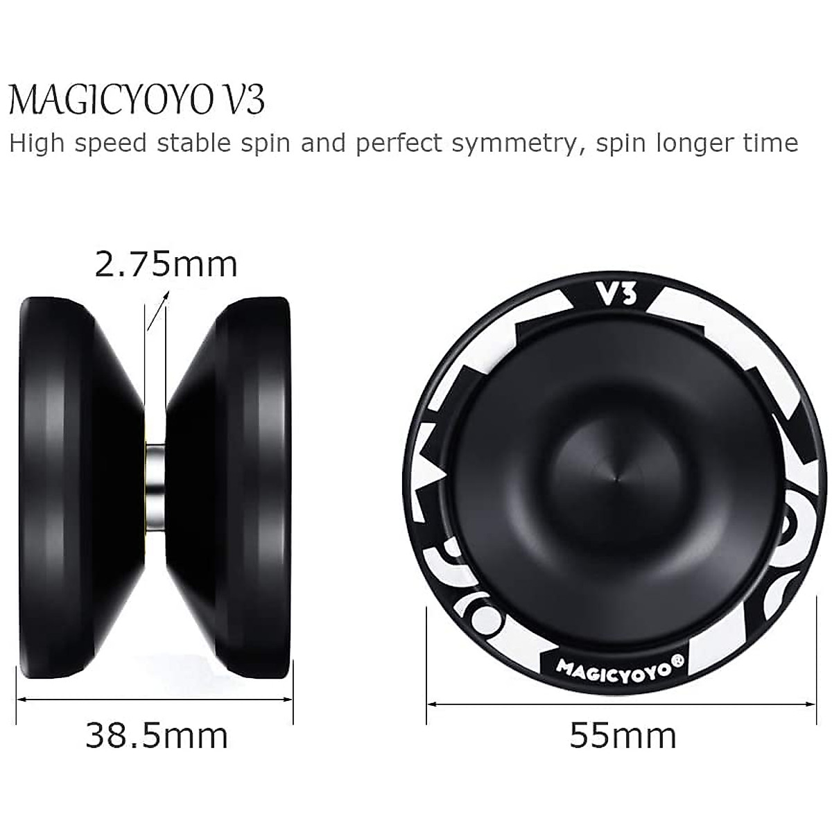 Pro Yoyo V3 - Aluminum Yoyo, Responsive & Unresponsive, Ideal for Kids + Strings + Bag + Bearing + Tool (Black)