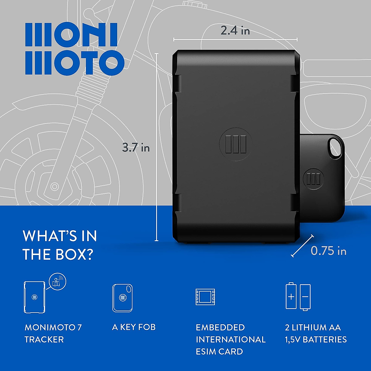 MoniMoto 7 Plus 3 Edition Motorcycle Tracker and Alarm with DIY Installation, No Wiring Required - Smart Motorcycle GPS Tracker - GPS Tracker for Vehicles, Scooters, Quad Bike ATVs, Snowmobiles