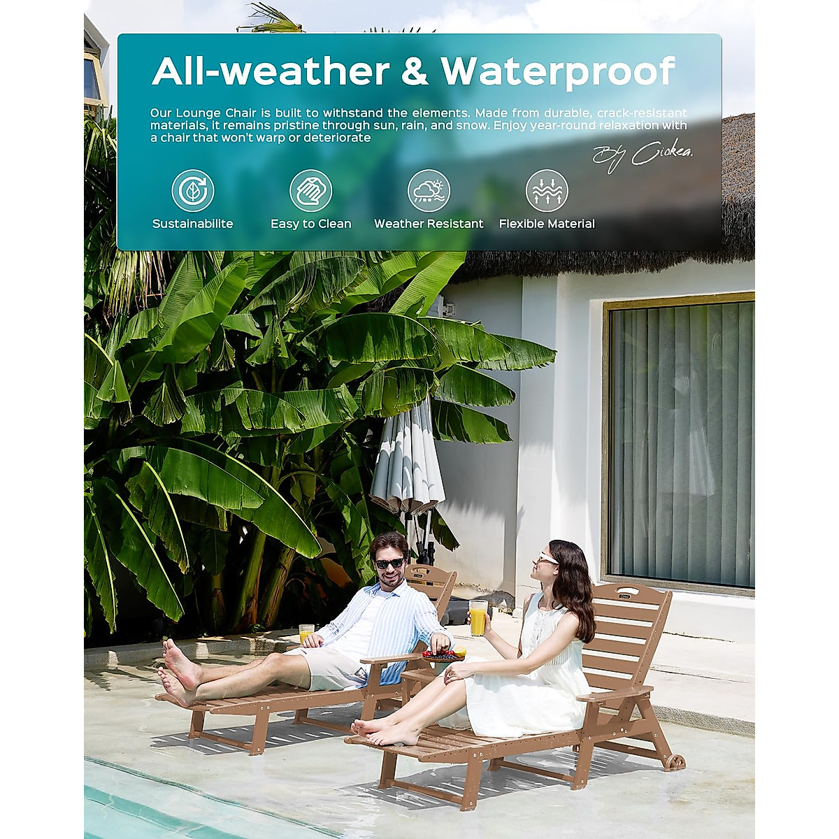 Lounge Chair Outdoor, Oversized Chaise Lounge Chair with 5 Positions, HDPE, Patio Lounge Chair with Wheels & Cup Holder for Pool, Deck, Poolside, Teak