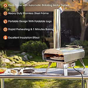 Mimiuo Wood Pellet Pizza Oven Stainless Outdoor Portable Steel Wood Fired Pizza Oven Kit with13" Pizza Stone, Foldable Pizza Peel and Automatic Rotation System (Tisserie W-Oven Series)