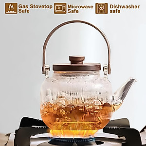 1000ml(33.8oz) Glass Teapot Kettle with 2 Type Removable Infuser and Wooden Lid, Borosilicate Glass Tea Pot Gas & Electric Stovetop Safe, Tea Maker for Loose Leaf & Blooming Tea, 2 Way for Boiling Tea